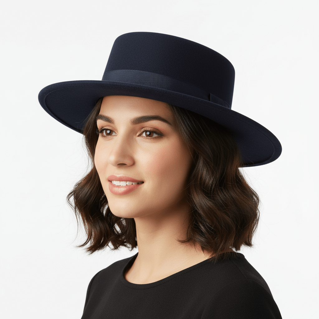 Black Wide Stiff Brim Wool Pork Pie Hat Handmade | Novella